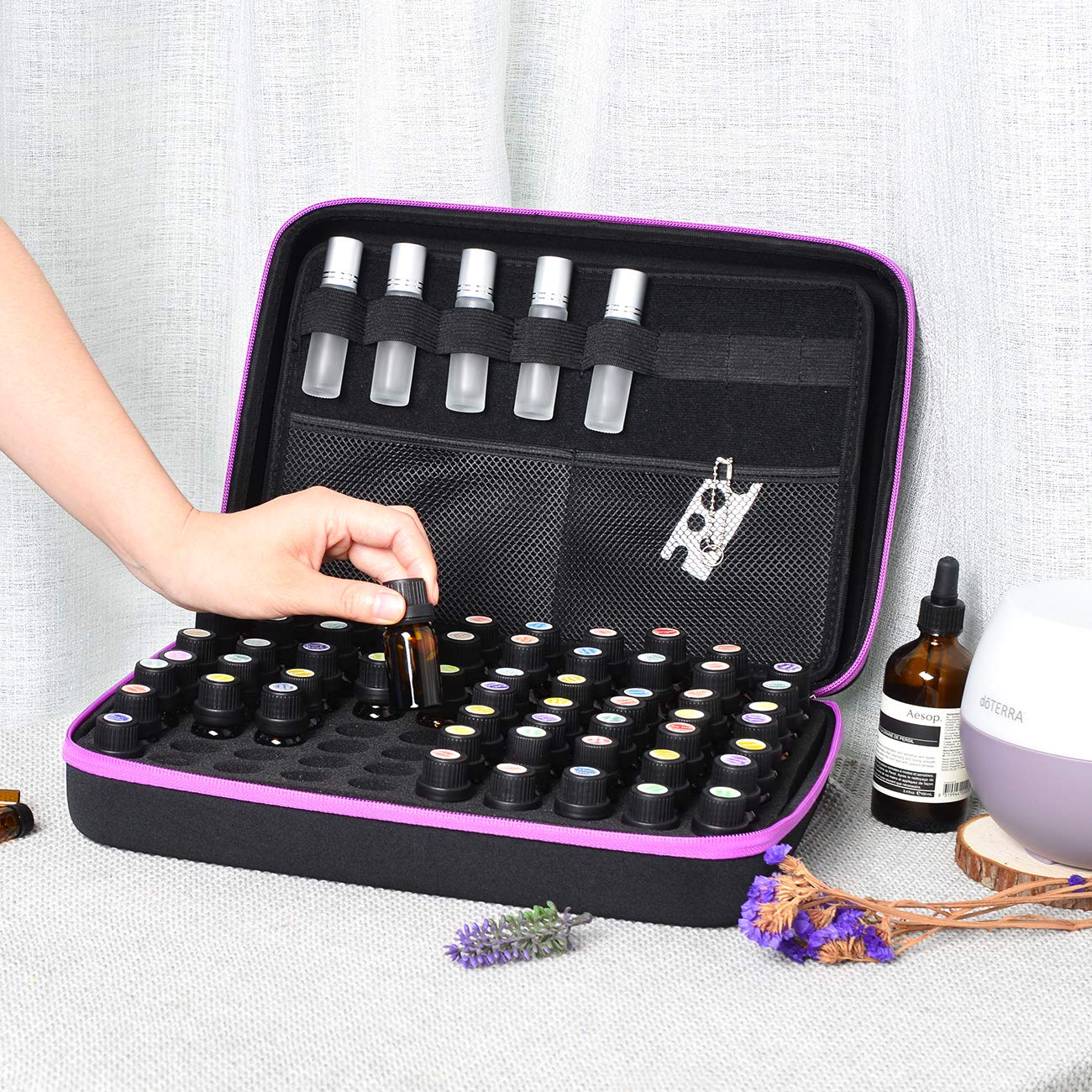 BES CHAN Essential Oil Carrying Organizer Storage Case for 70 Roller Bottles 5/10/15/20ml Small bottles with Free Writable Labels Opener Holds Purple-13.2" Lx9.4 Wx3.7 H