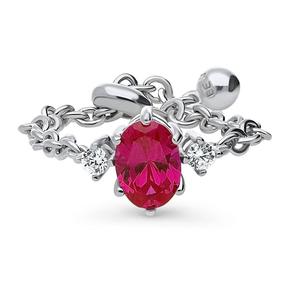 BERRICLE Sterling Silver 3-Stone Simulated Ruby Oval Cut Cubic Zirconia CZ Fashion Anniversary Chain Ring for Women, Rhodium Plated