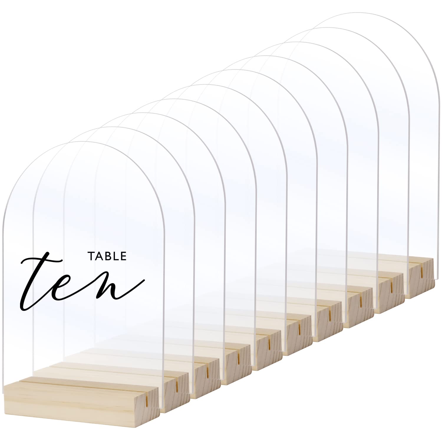 JINMURY Clear Arch Acrylic Sign with Wood Stand-10 Pack 5x7 Inch Blank Arched Acrylic Sheets with Wood Base, DIY Acrylic Arch Sign Blank for Wedding Table Numbers Menu Signs Bar List Sign