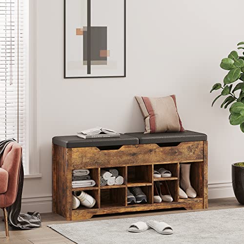 Hasuit Shoes Bench, Entryway Bench with Storage, Shoe Rack with 2 Lift Top Storage Boxes and 10 Compartments, Shoes Organizer for Entryway, Bedroom, Length 41.3ββ(Accent Brown)