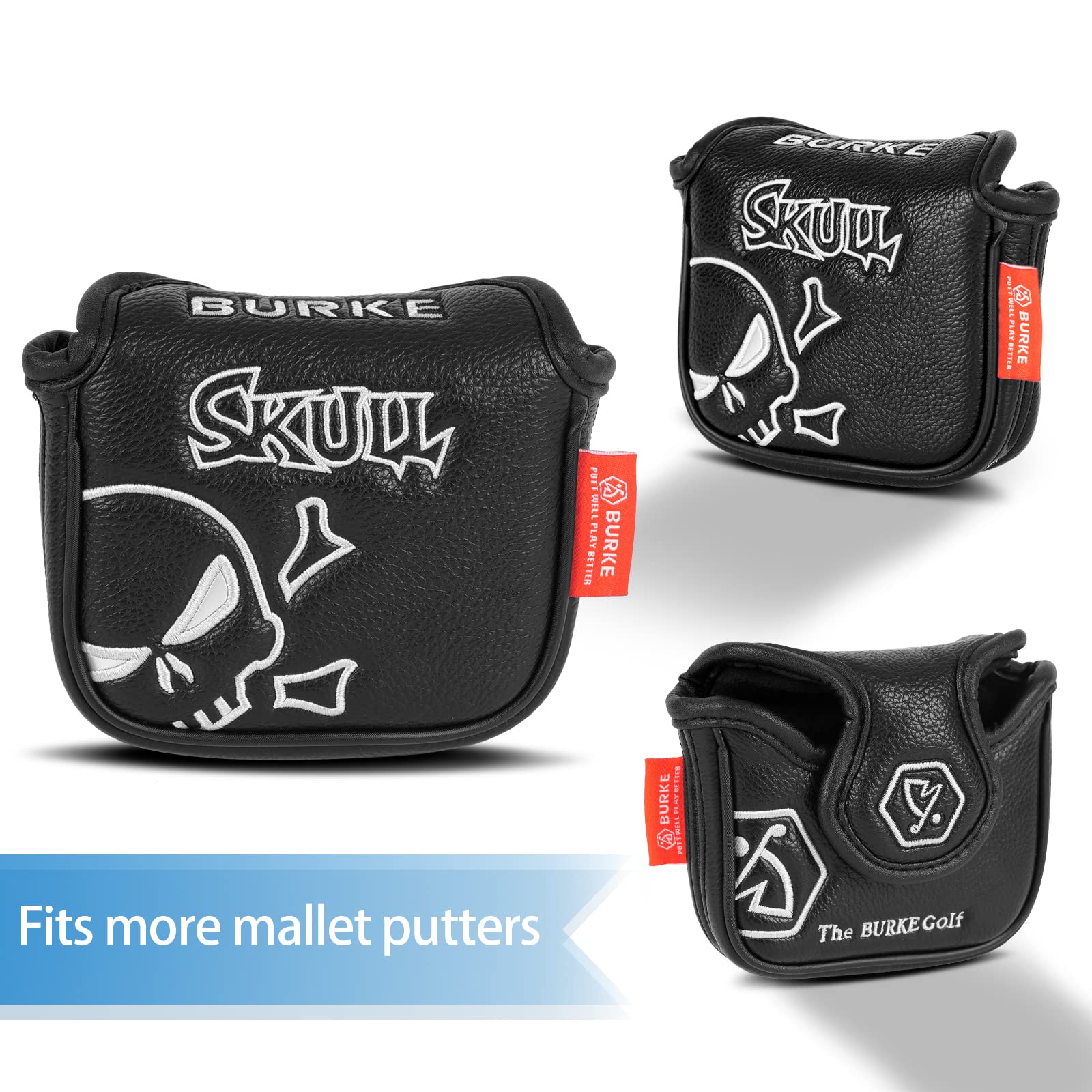 Burke Skull Golf Club Covers, Mallet Blade Golf Putter Cover with Magnetic Closure, Black Golf head covers for Scotty Cameron Odyssey Taylormade Putter