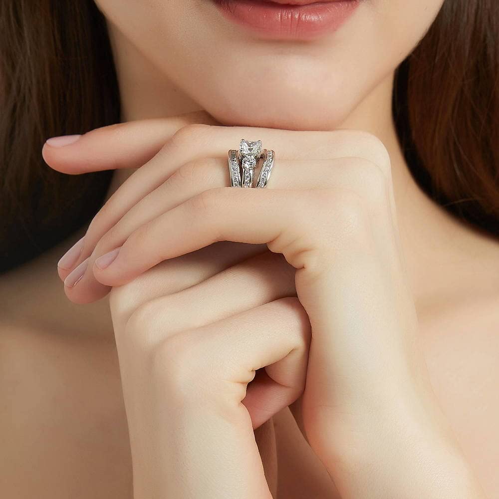 BERRICLE Sterling Silver 3-Stone Wedding Engagement Rings Cushion Cut Cubic Zirconia CZ Ring Set for Women, Rhodium Plated Size 6.5