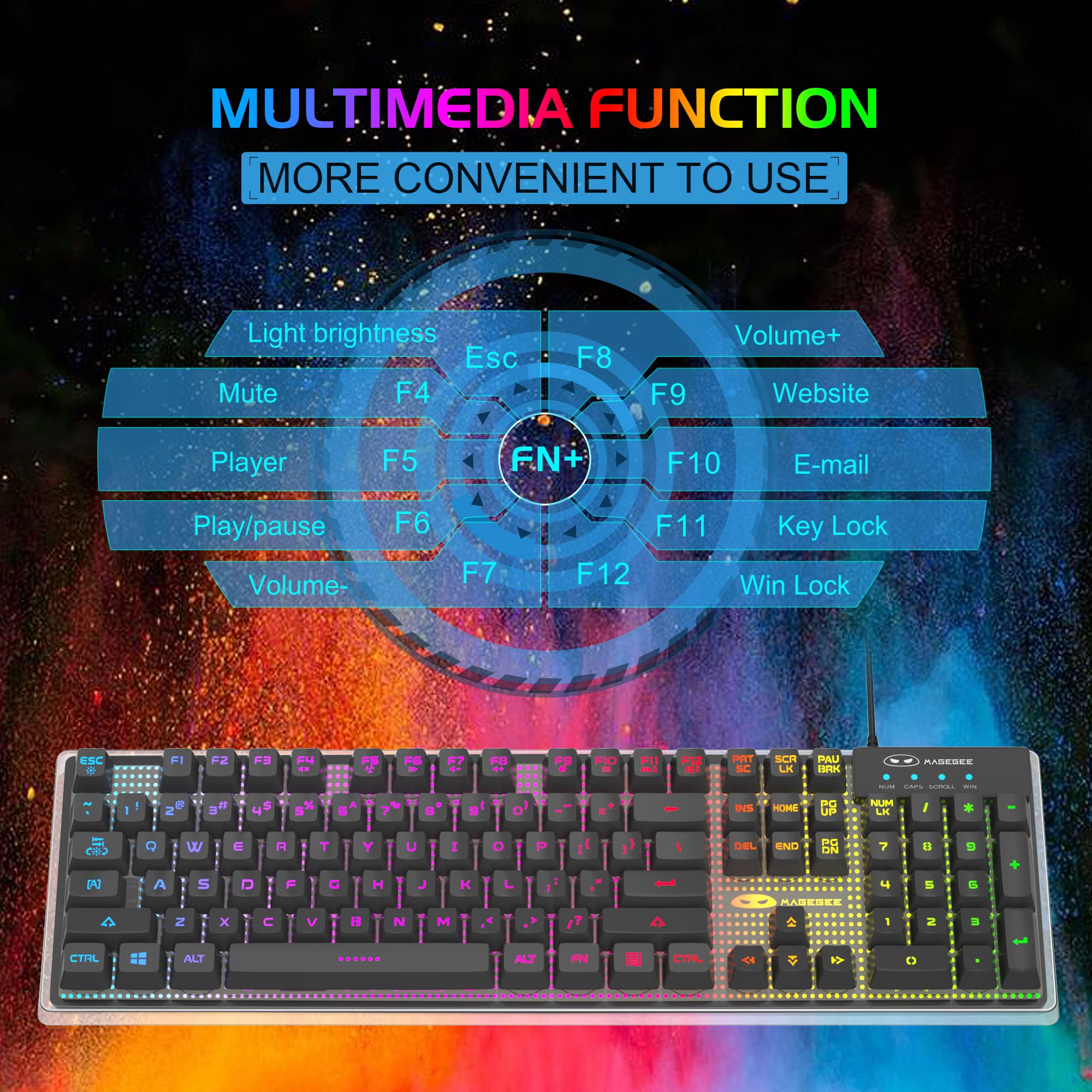 MageGee Gaming Keyboard, Rainbow Backlit LED Wired Gaming Keyboard with Clear Housing and Double-Shot Keycaps, K1 Waterproof Ergonomic 104 Keys Light Up Keyboard for PC Desktop Laptop, White