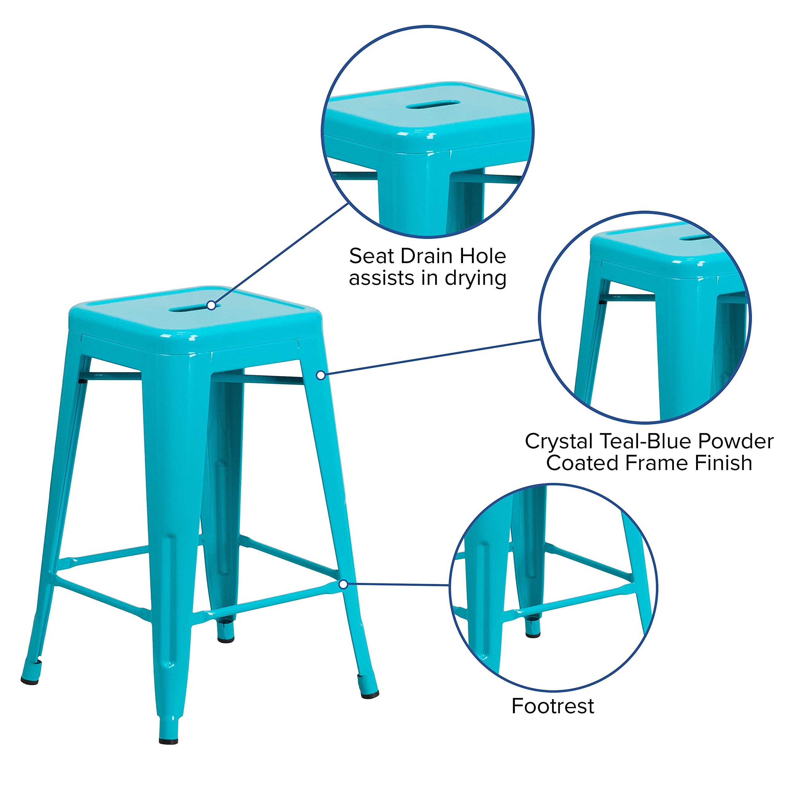 EMMA + OLIVER Commercial Grade 24" H Backless Teal-Blue Indoor-Outdoor Counter Height Stool