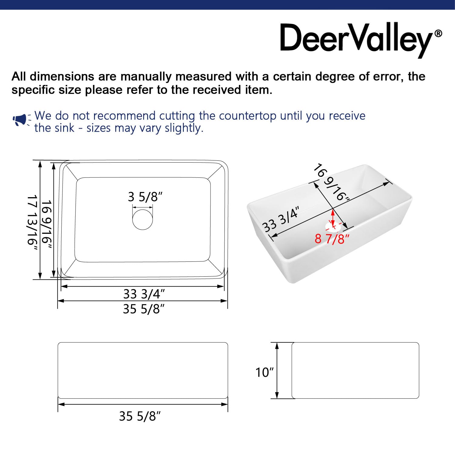 DeerValley Farmhouse Sink, DV-1K505 Grove 36"L x 18"W Fireclay Farmhouse Sink White Apron Front Deep Single Bowl Kitchen Sink with Sink Grid and Basket Strainer