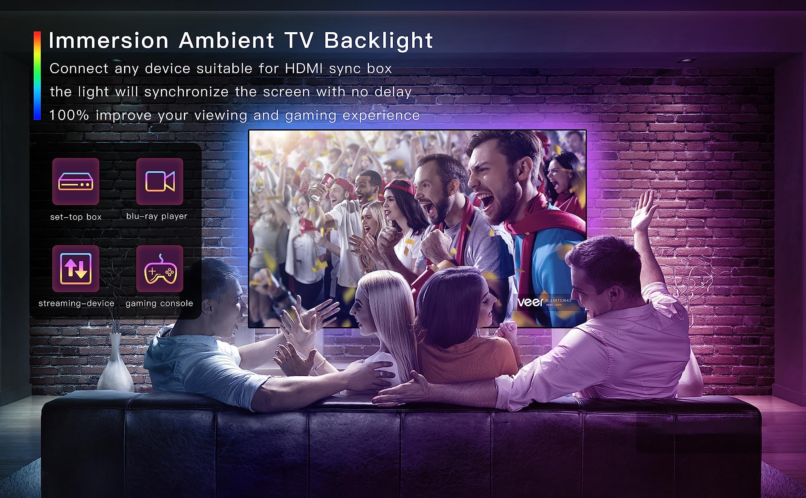 Azoula TV LED Backlight Immersion Ambient TV Strip Lights for 55-65 Inch TV HDMI 2.0 Sync Box RGB+IC Wi-Fi Backlight Music Sync TV Light, Compatible with Alexa Google Assistant App Contro