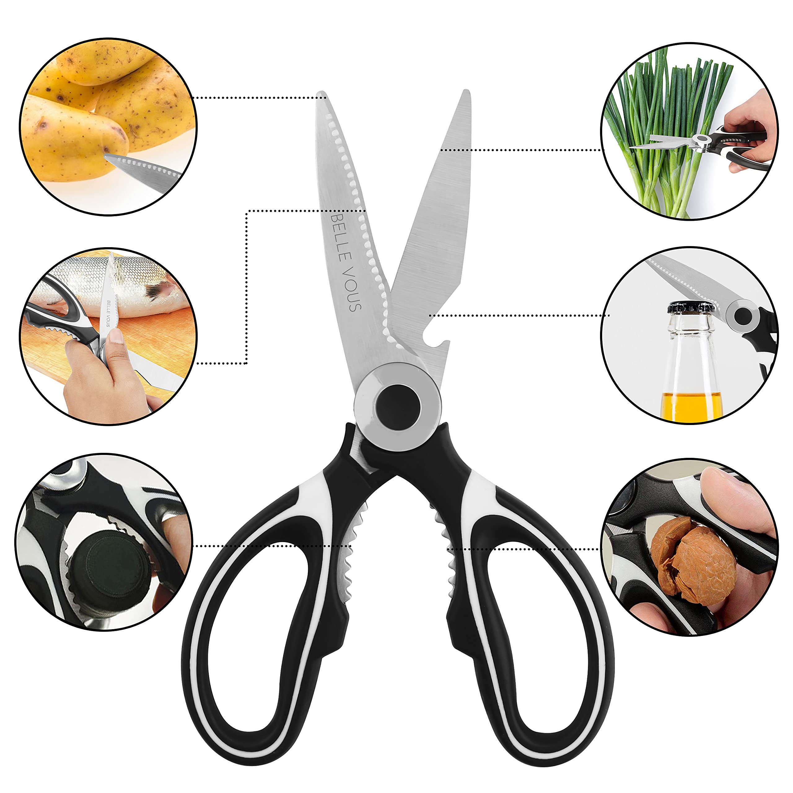 Belle Vous 2 Pack Heavy Duty Kitchen Scissors - 21cm/8.3 Inches Stainless Steel Utility Scissors with Blade Covers - Multi Function Shears for Cutting Chicken, Fish, Bone, Meat, Herbs, Vegetable, BBQ