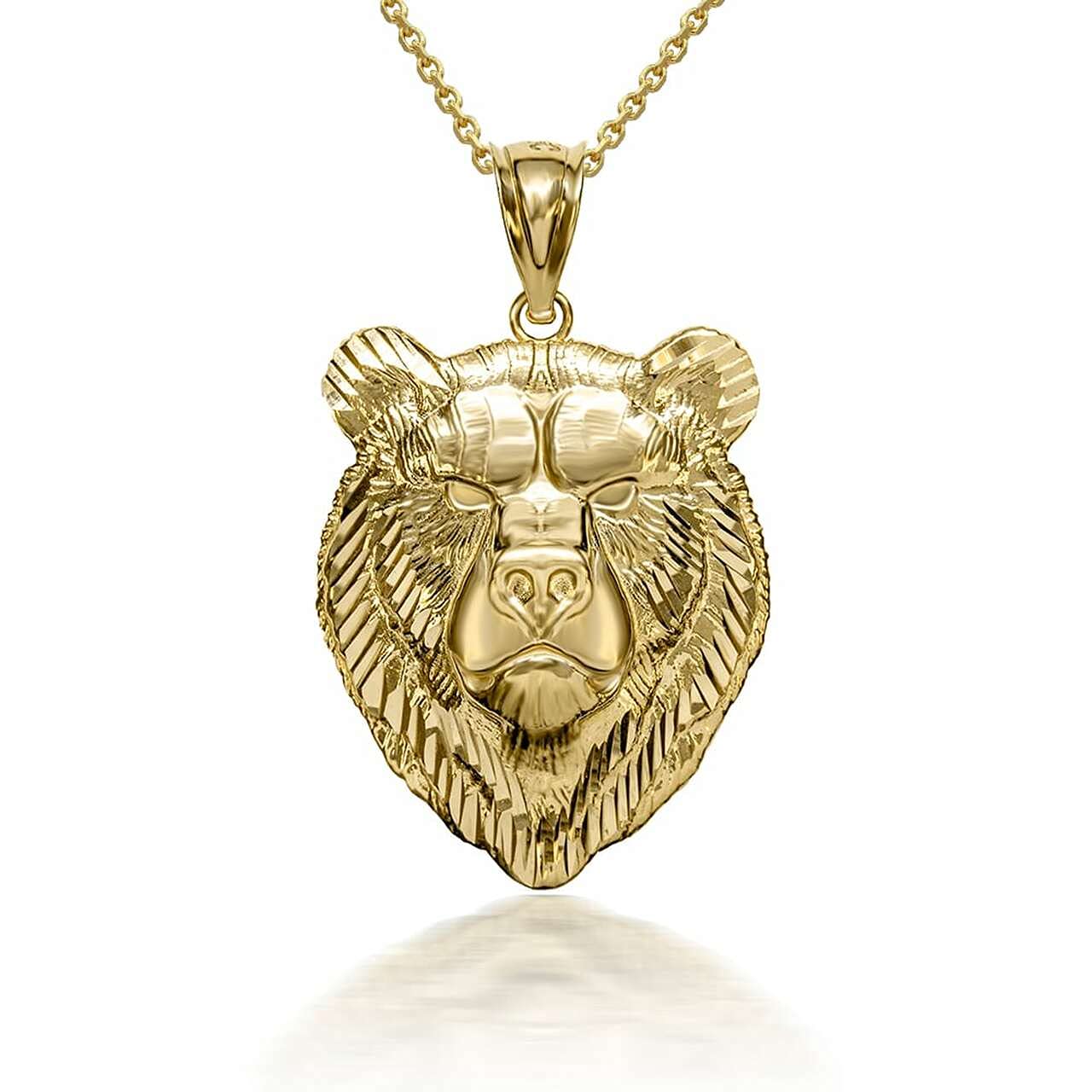 Certified 10K Yellow Gold Wild Viking Grizzly Bear Head Pendant Necklace (16")