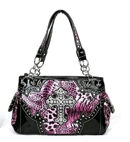 western rhinestone cross leopard concealed carry handbag with matching wallets in 3 colors (Purple)