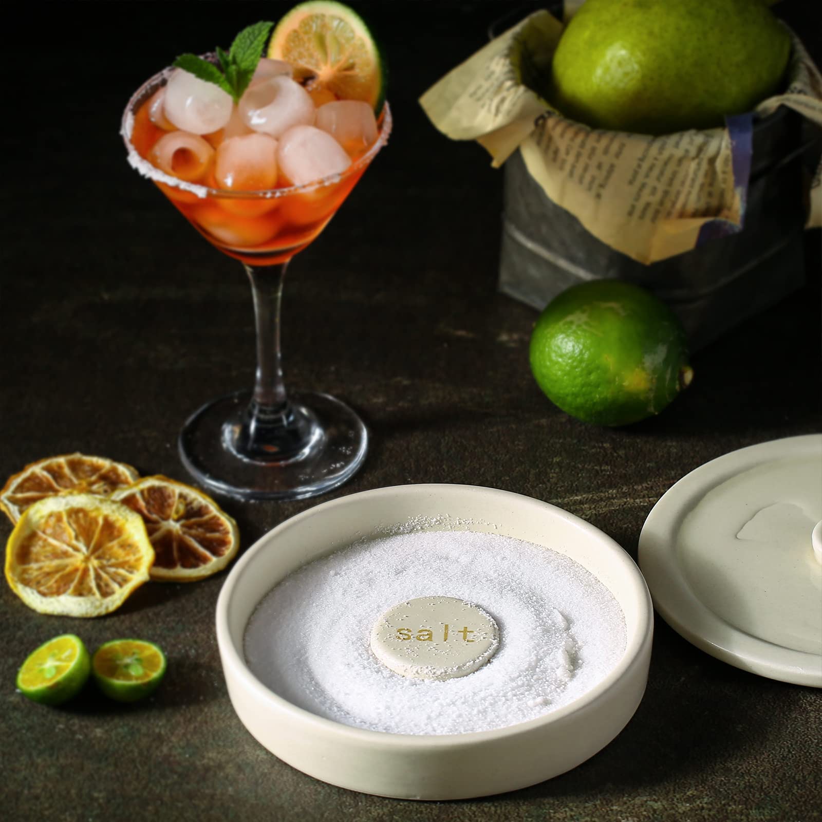 Cosnou Ceramic Margarita Salt Rimmer with Lid Set of 2 Home Bar Accessories for Seasoning - Rimmers for Drinks - Bartender Kit Tools - Bar Decor ,Sugar Salt Rimmer Plate (Hand Make)
