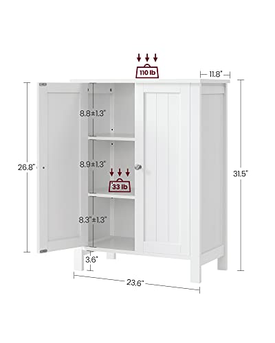 VASAGLE Bathroom Floor Storage Cabinet, Bathroom Storage Unit with 2 Adjustable Shelves, Bathroom Cabinet Freestanding, 11.8 x 23.6 x 31.5 Inches, White UBCB60W
