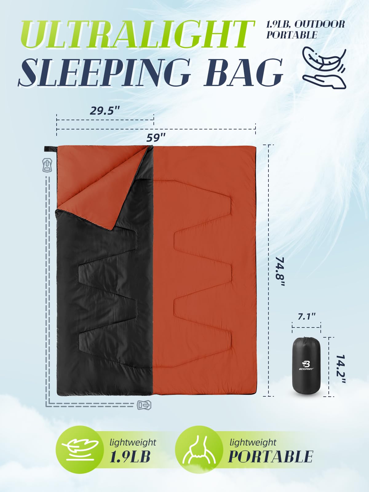 Bessport 1-2 Person Sleeping Bag, Water Repellent Camping Sleeping Bag 3 Season Warm & Cold Weather for Adults, for Hiking, Backpacking