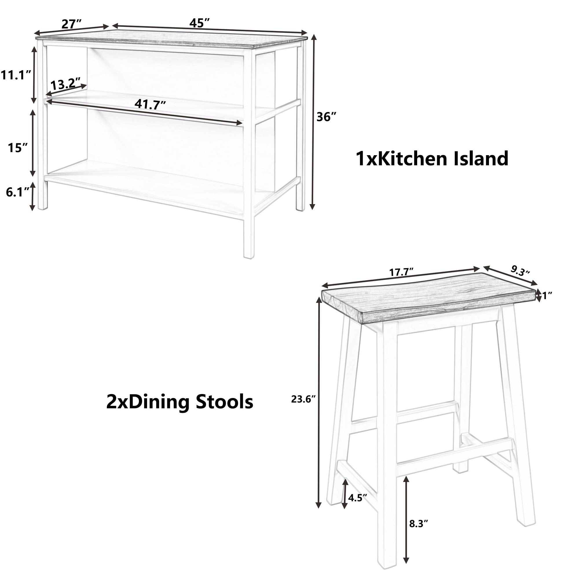 Bellemave Kitchen Island with Seating for 2, 3 Piece Counter Height Dining Table Set with Storage, Farmhouse Wood Bar Table with Stools, Small Breakfast Dinner Table & Chairs, Walnut