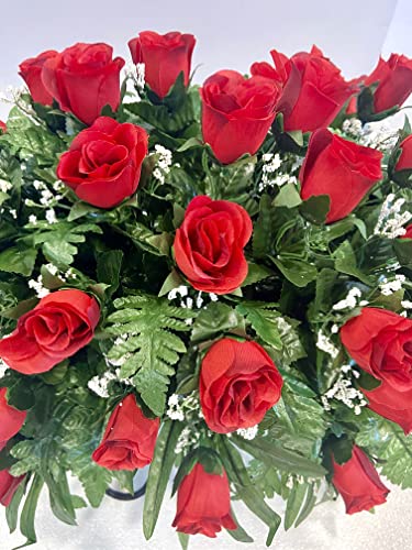 Cemetery Flowers for Grave Decoration with Red Rose Buds and Baby's Breath made into a Saddle Arrangement for Headstones