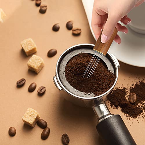 BUDO WDT Tools, Espresso Distribution Tool, Espresso Coffee Stirrer Tool, 6 Needles Natural Wood Handle and Stand (Walnut)