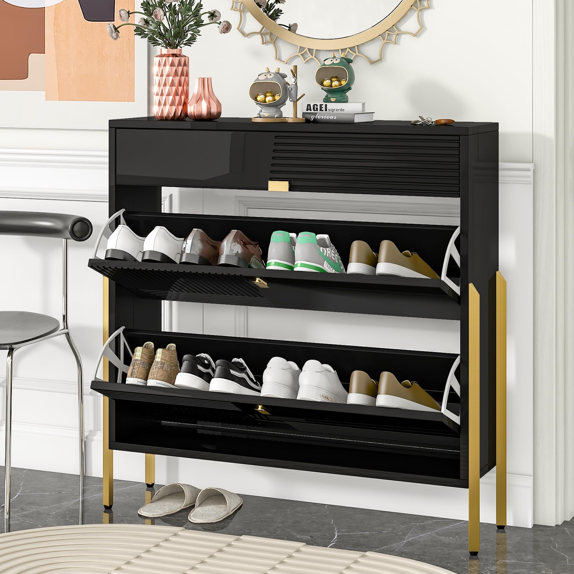 Bellemave Shoe Cabinet Flip Drawers for Entryway Slim Shoe Organizer Free Standing Shoe Racks Modern Front Door Shoe Storage Cabinet with Doors for Hallway, Black