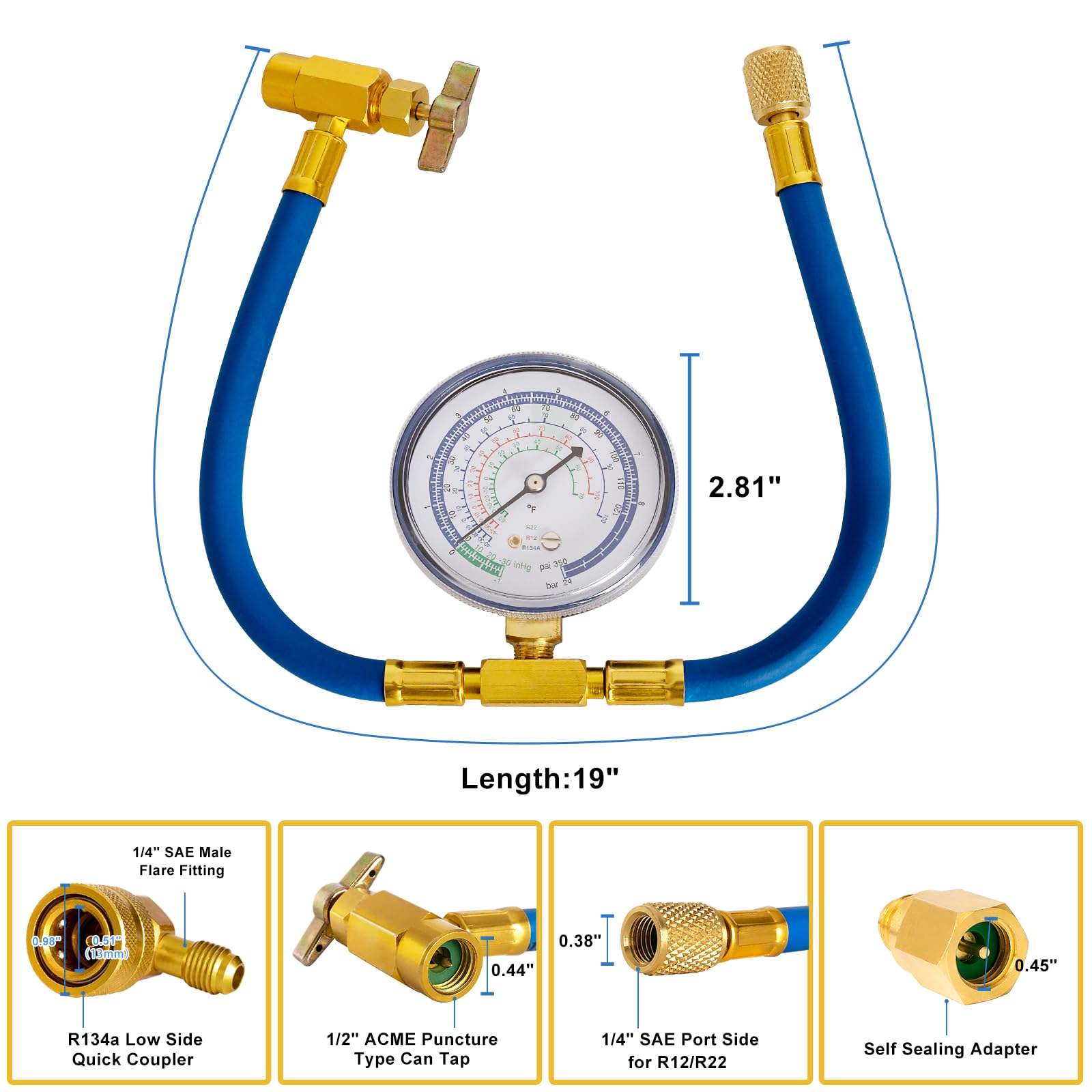 Belleone R134a Refrigerant Recharge Kit with BPV31 Bullet Piercing Valve and R134a Quick Coupler, R134a/R-12/R-22 Freon Refrigerant Hose Can Tap Kit for A/C System - Easy to use