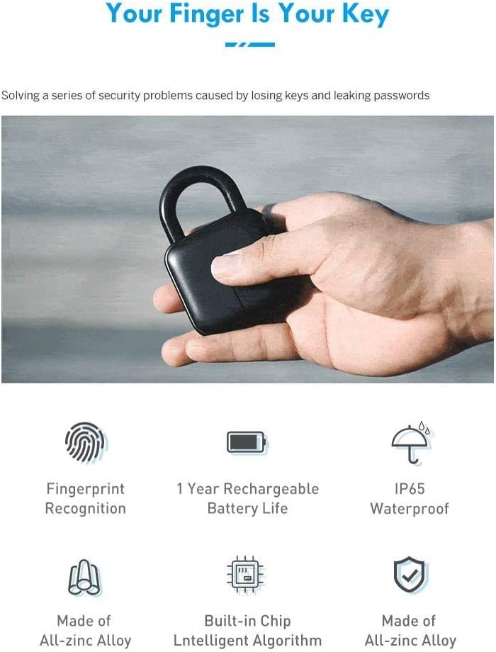 Bicycle Locks Heavy Duty Anti Theft Bike Lock Fingerprint Padlock Keyless Smart Lock - Thumbprint Biometric Padlock Ip66 Waterproof Portable Security Locker for Door,Bicycle,Scooter,Tool