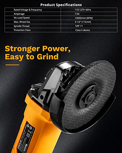 DEKOPRO 110V Angle Grinder, 4-1/2" Max. Wheel Dia., 7.5A Grinders Power Tools, 12000RPM No Load Speed, 1 Grinding Wheel, Grinder Tool for Grinding, Sanding, Wire Brushing or Abrasive Cutting-Off