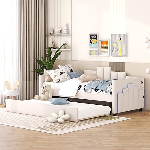 DEYOBED Twin Size Upholstered Daybed with Trundle, Light and 2 USB Ports, Twin Day Bed Sofa Bed Frame for Bedroom Living Room Guestroom, No Box Spring Needed, Beige