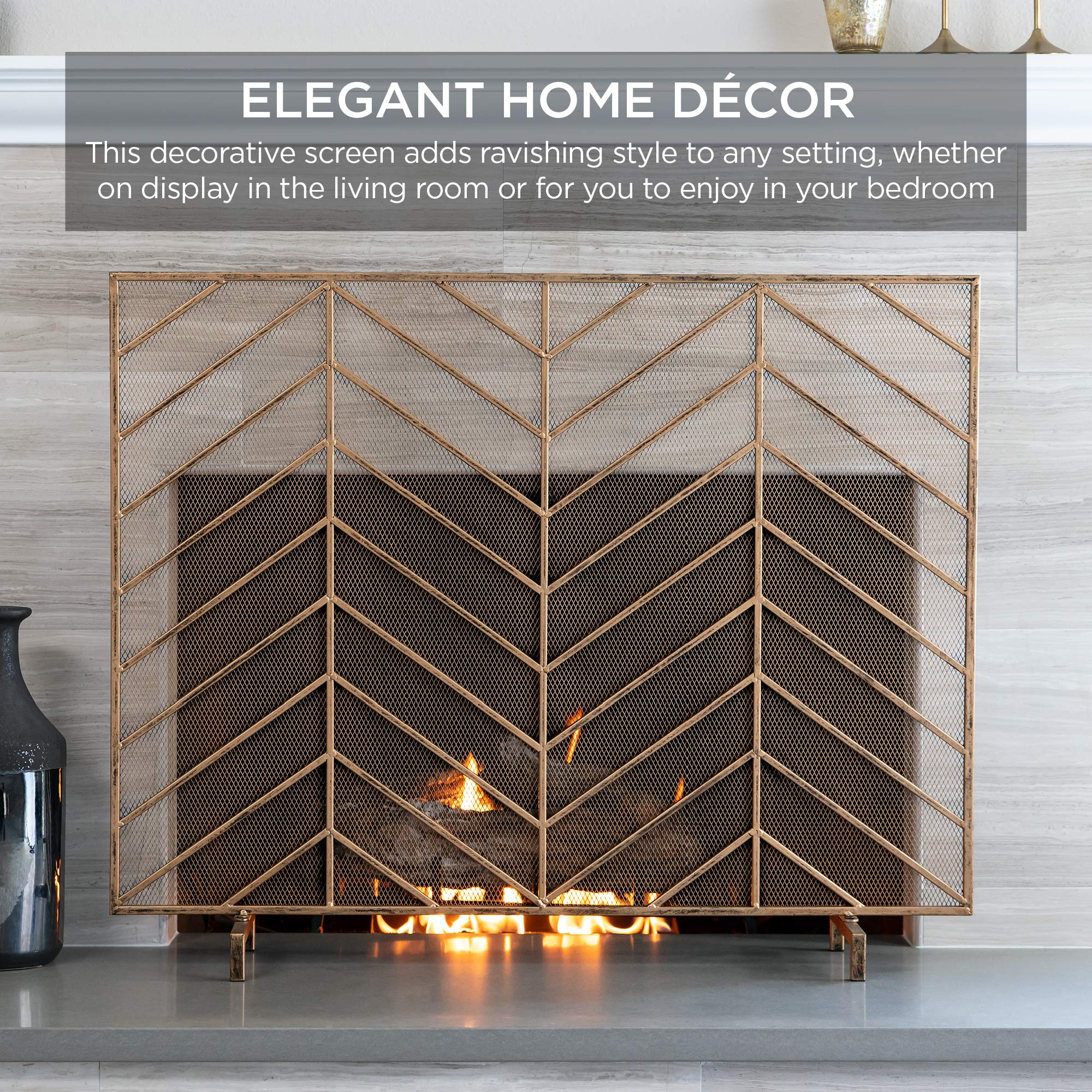 Best Choice Products 38x31in Single Panel Handcrafted Wrought Iron Mesh Chevron Fireplace Screen, Fire Spark Guard for Living Room, Bedroom Décor w/Distressed Antique Finish - Gold