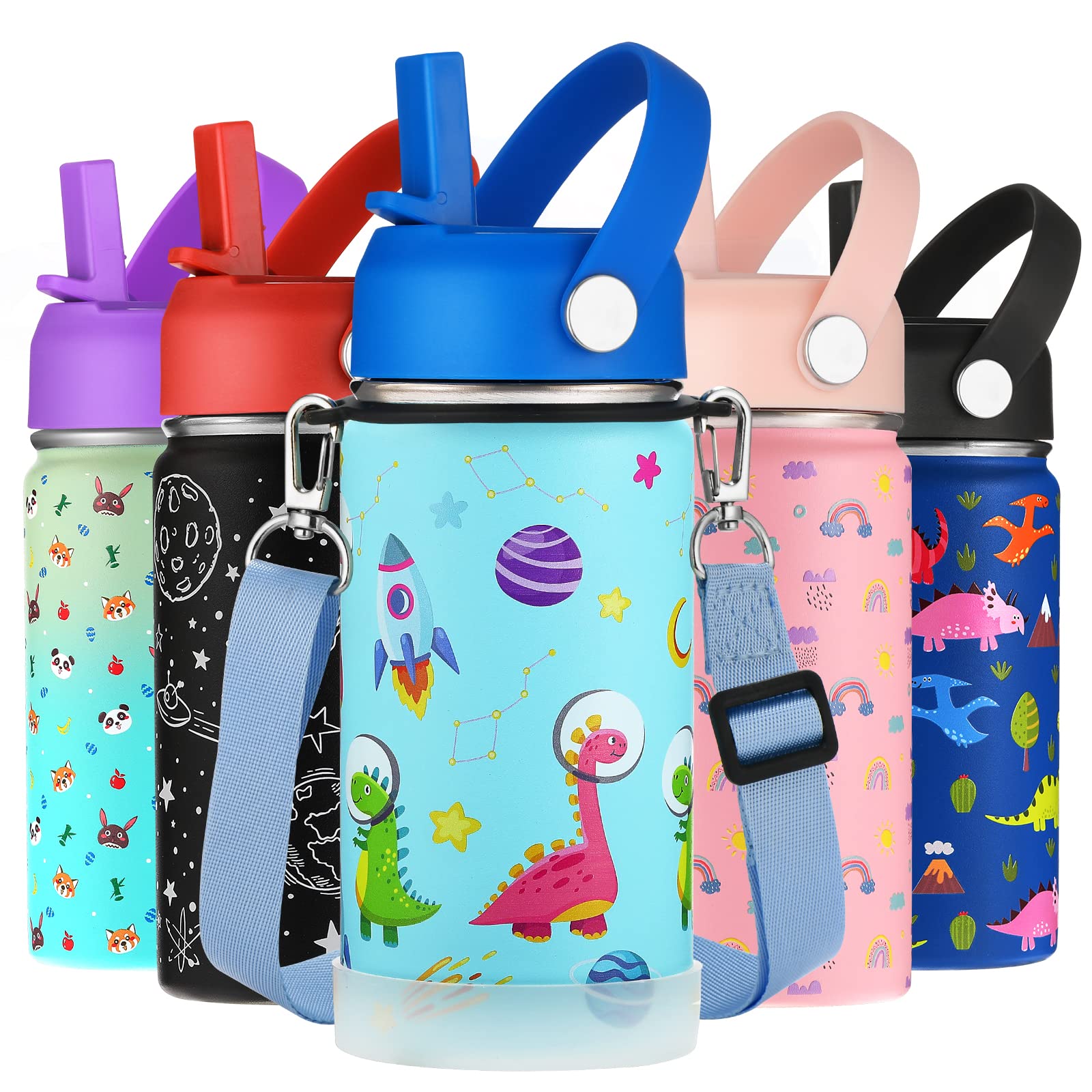 WEREWOLVES 14oz Kids Water Bottle with Straw Lid, Shoulder Strap and Boot - Insulated Stainless Steel, Reusable Leakproof Metal Water Bottles for School (Space Dinosaur (Strap), 14 oz)