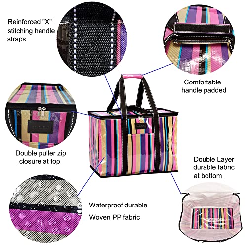 DEMOMENT Large Reusable Grocery Durable Shopping Zip Closure Tote Bag For Kitchen Supermarket Camping Beach Clothes Storage Carrier (Rainbow)