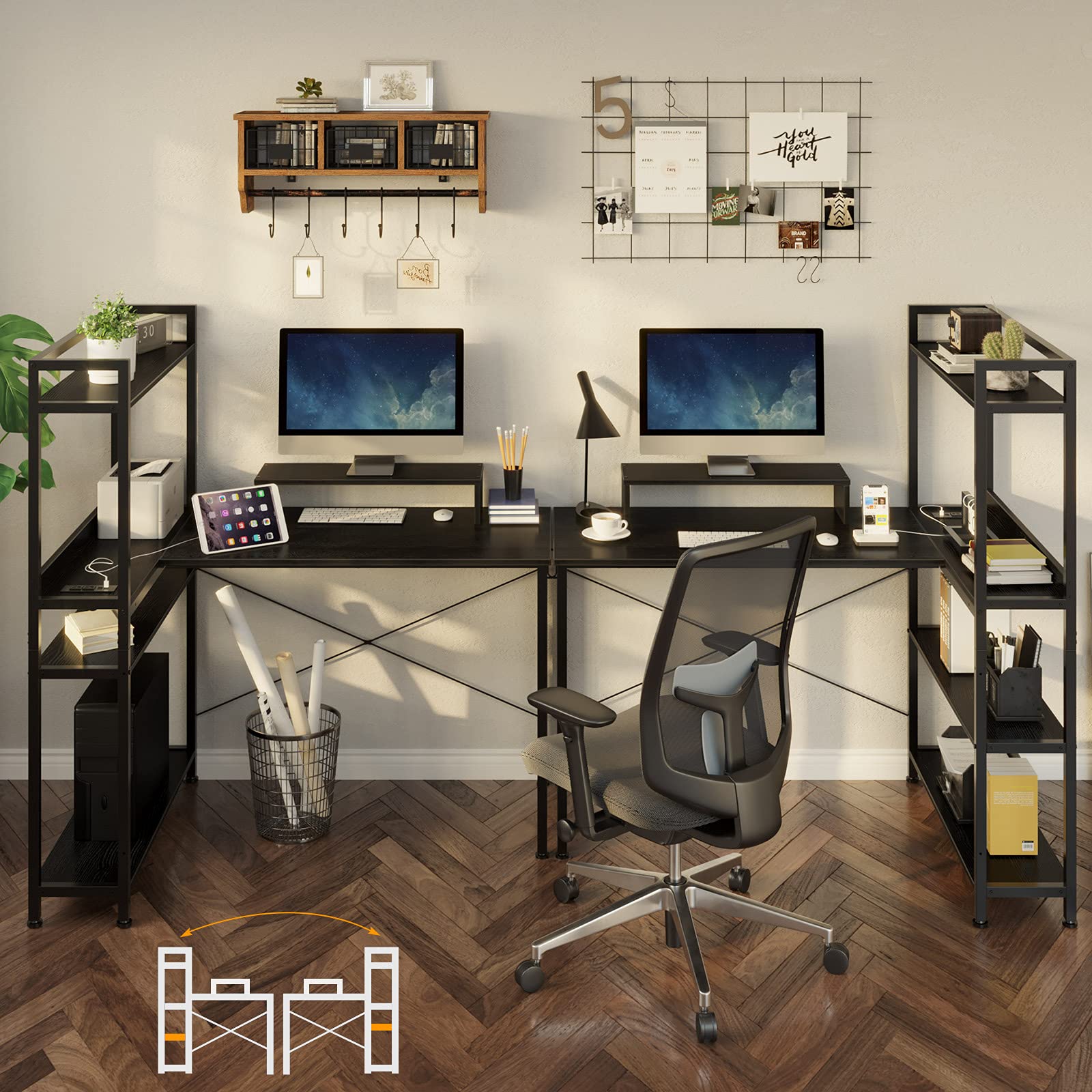 Rolanstar Computer Desk with Shelves, 47 Inch Home Office Desk with Power Outlet, Writing Table Workstation with Monitor Stand and Reversible 4-Tier Bookshelf, Study Corner Desk for Small Space, Black