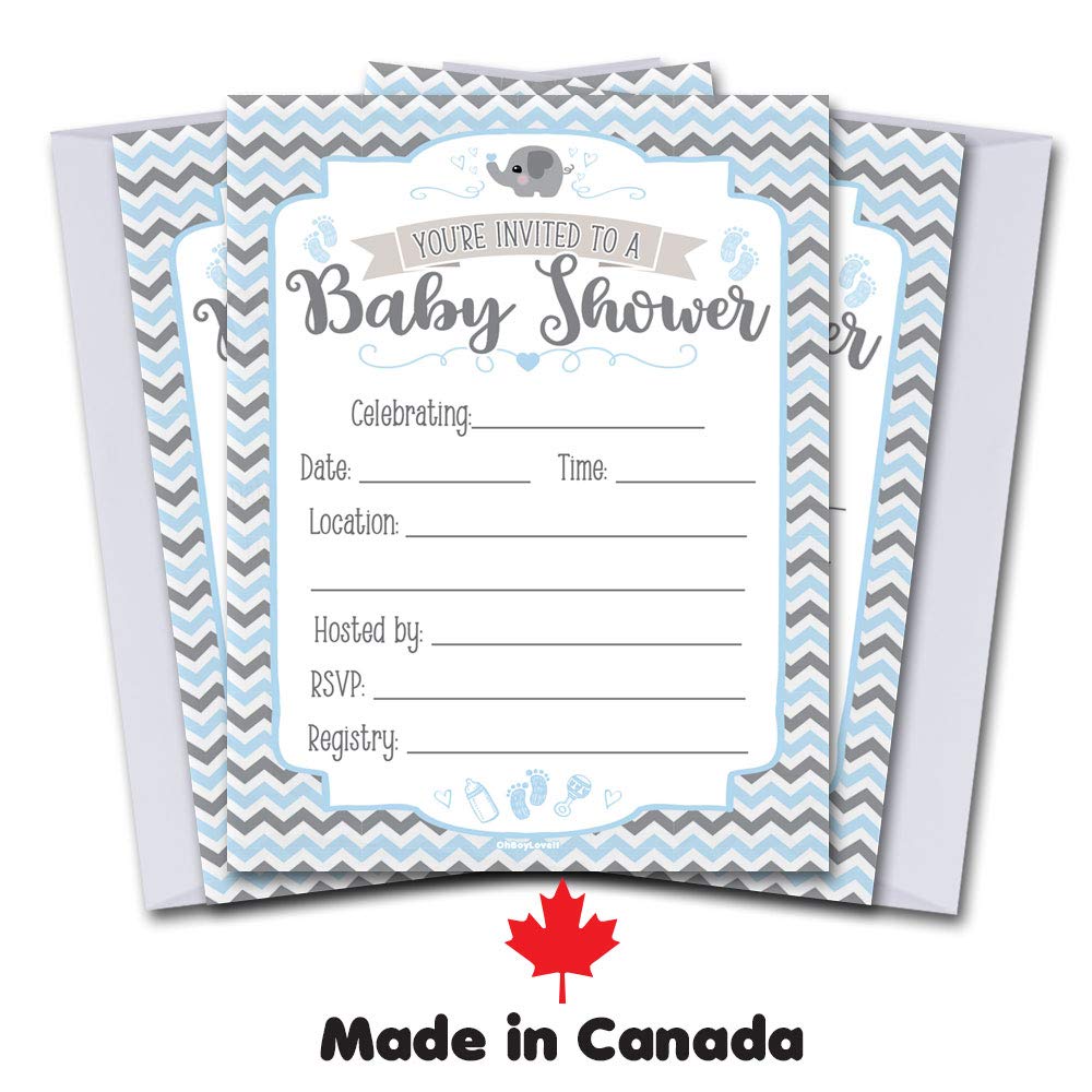 Blue Elephant Baby Shower Invitations with Envelopes 25 Pack | Blue Grey Chevron | Fill in Style | Baby Boy