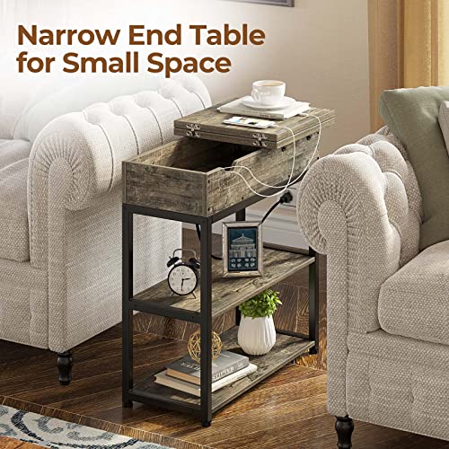 Rolanstar End Table with Charging Station, Narrow Nightstand, Flip Top Side Table with USB Ports and Storage Shelves for Small Spaces, Living Room, Bedroom, Grey
