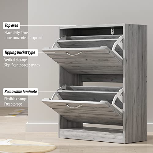 FUFU&GAGA Shoe Cabinet with 2 Flip Drawers for Entryway, Modern, Freestanding Rack Storage Organizer (22.4”W x 9.4”D x 29.5”H) (Light Grey)