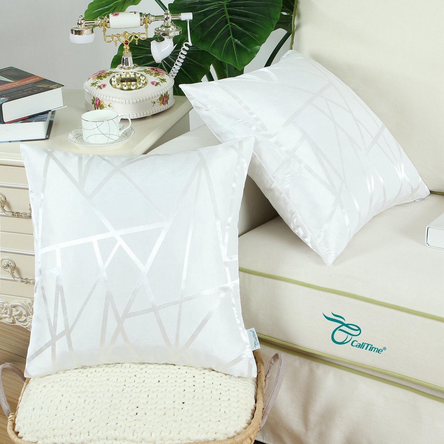 CaliTime Pack of 2 Throw Pillow Covers Cases for Couch Sofa Home Decor Modern Shining & Dull Contrast Triangles Abstract Lines Geometric 16 X 16 Inches White
