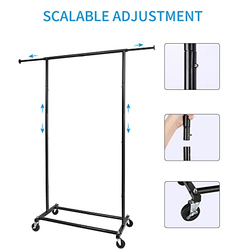 Fishat Standard Rod Simple Rolling Clothing Garment Rack for Hanging Clothes, Metal Clothes Organizer with Lockable Wheels for Dorm Bedroom Home Balcony (Black)