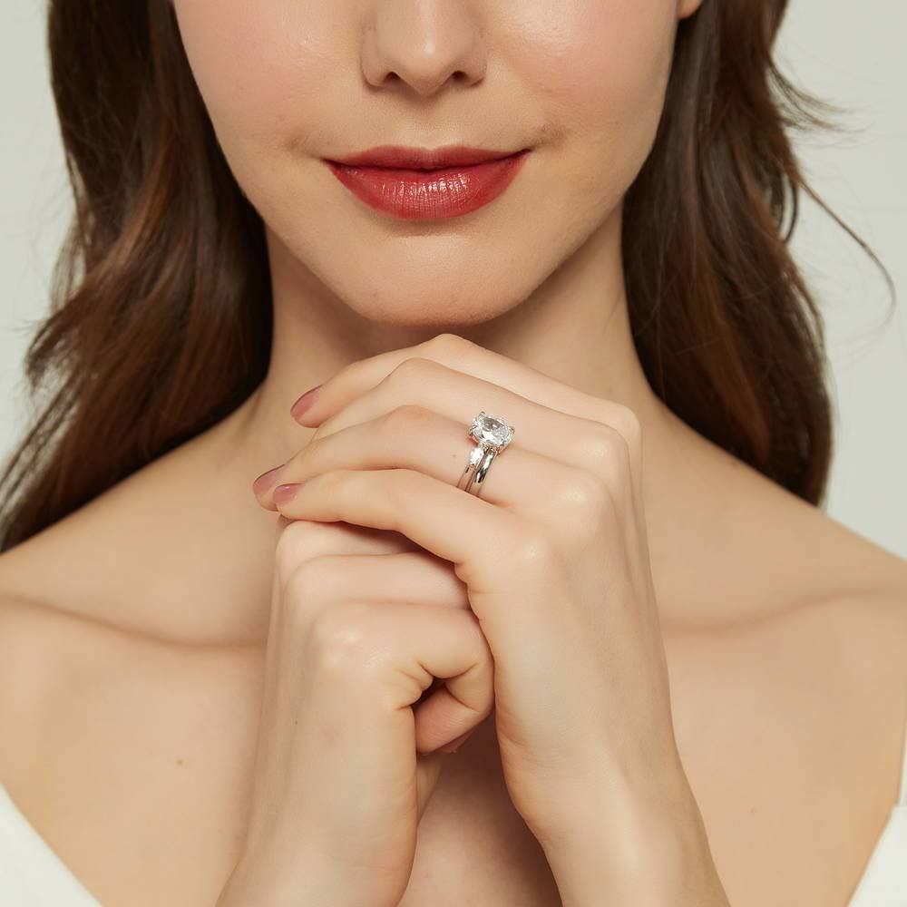 BERRICLE Sterling Silver 3-Stone Wedding Engagement Rings Oval Cut Cubic Zirconia CZ Ring Set for Women, Rhodium Plated Size 8