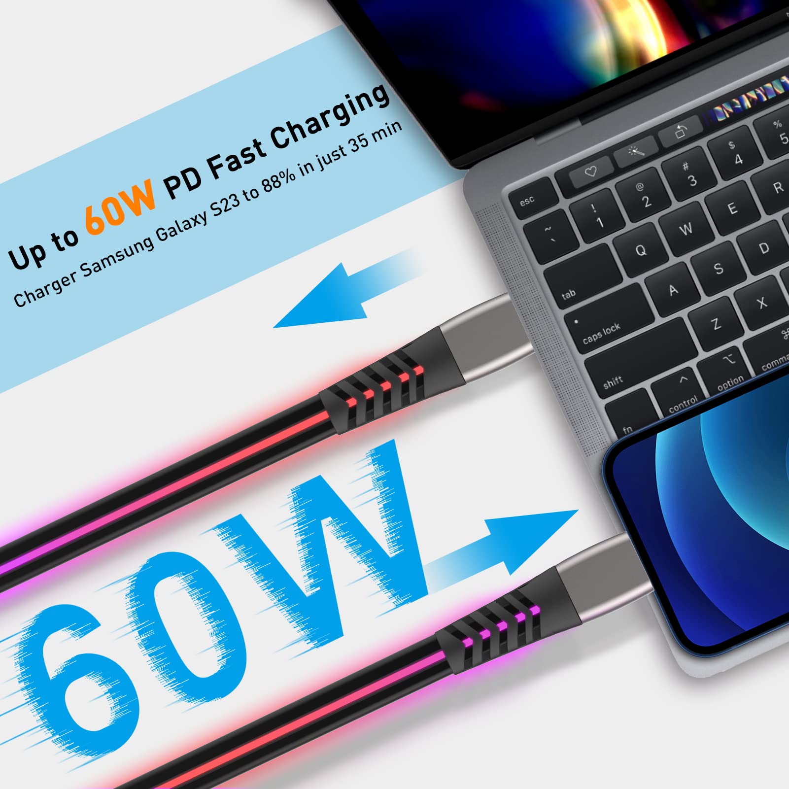 byojia USB C Charger Cable 60W Colors Changing Light up USB C to USB C Cable for iPhone 15/15Pro/ 15Plus/15ProMax MacBook Pro 2020, Pad Pro 2020, Pad Air4, Samsung S23+/S23 Ultra (Grey, 6FT)