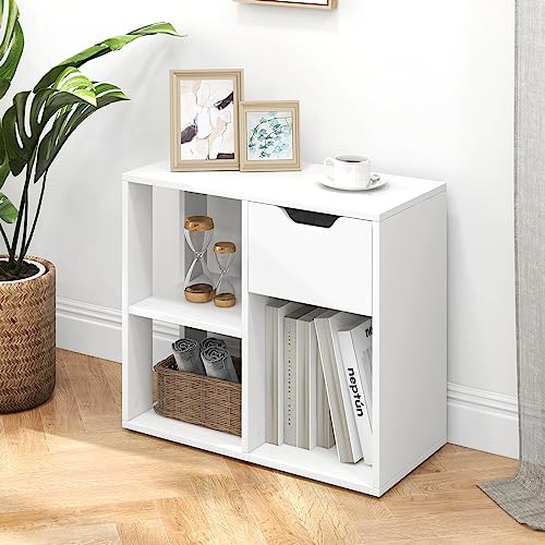 Giantex 3 Cube Bookcase with Drawer White, 21" Wooden Floor Standing Storage Organizer w/Open Storage Cabinet, Freestanding Display Shelf for Bedroom Living Room Kid’s Playroom Reading Nook (1)
