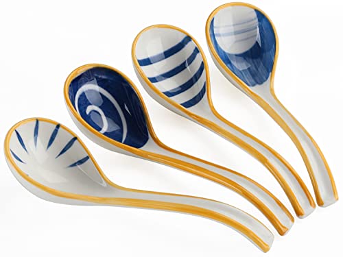 Ceramic Soup Spoons Set of 4 Porcelain Japanese Soup Spoon Long Handle Asian Soup Spoon Sets for Pho Ramen Noodles Wonton Dumpling Rice (Model 1#)
