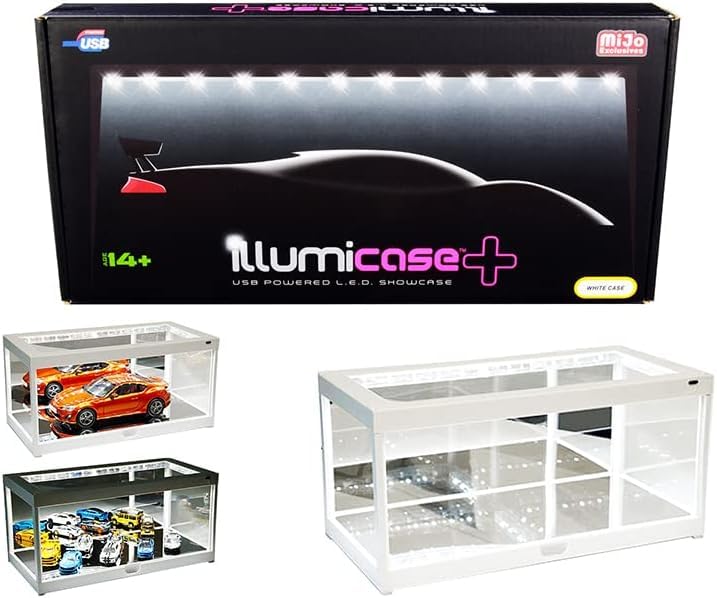 White Collectible Display Show Case Illumicase+ with LED Lights & Mirror Base & Back for 1/64 1/43 1/32 1/24 1/18 Scale Models by Illumibox MJ7710 MW