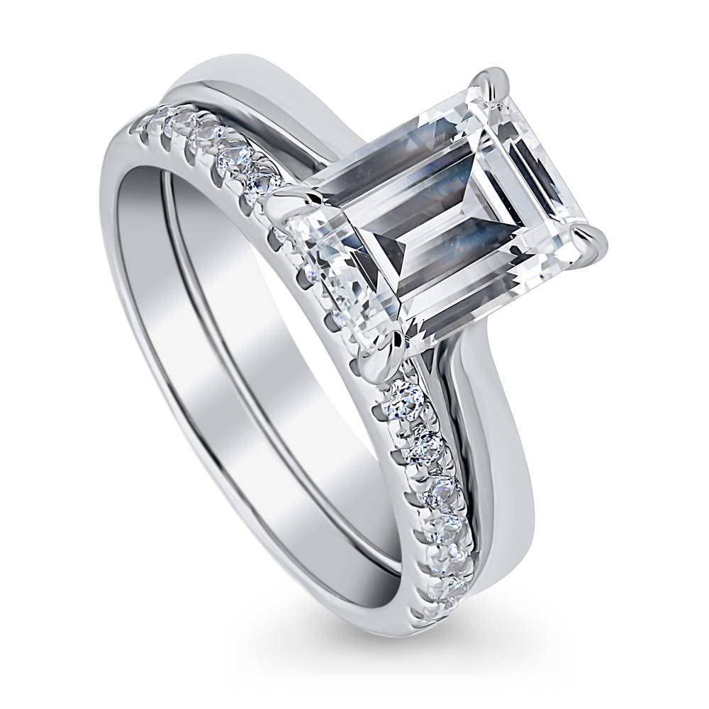 BERRICLE Sterling Silver Solitaire Wedding Engagement Rings 2.6 Carat Emerald Cut Cubic Zirconia CZ Ring Set for Women, Rhodium Plated Size 6