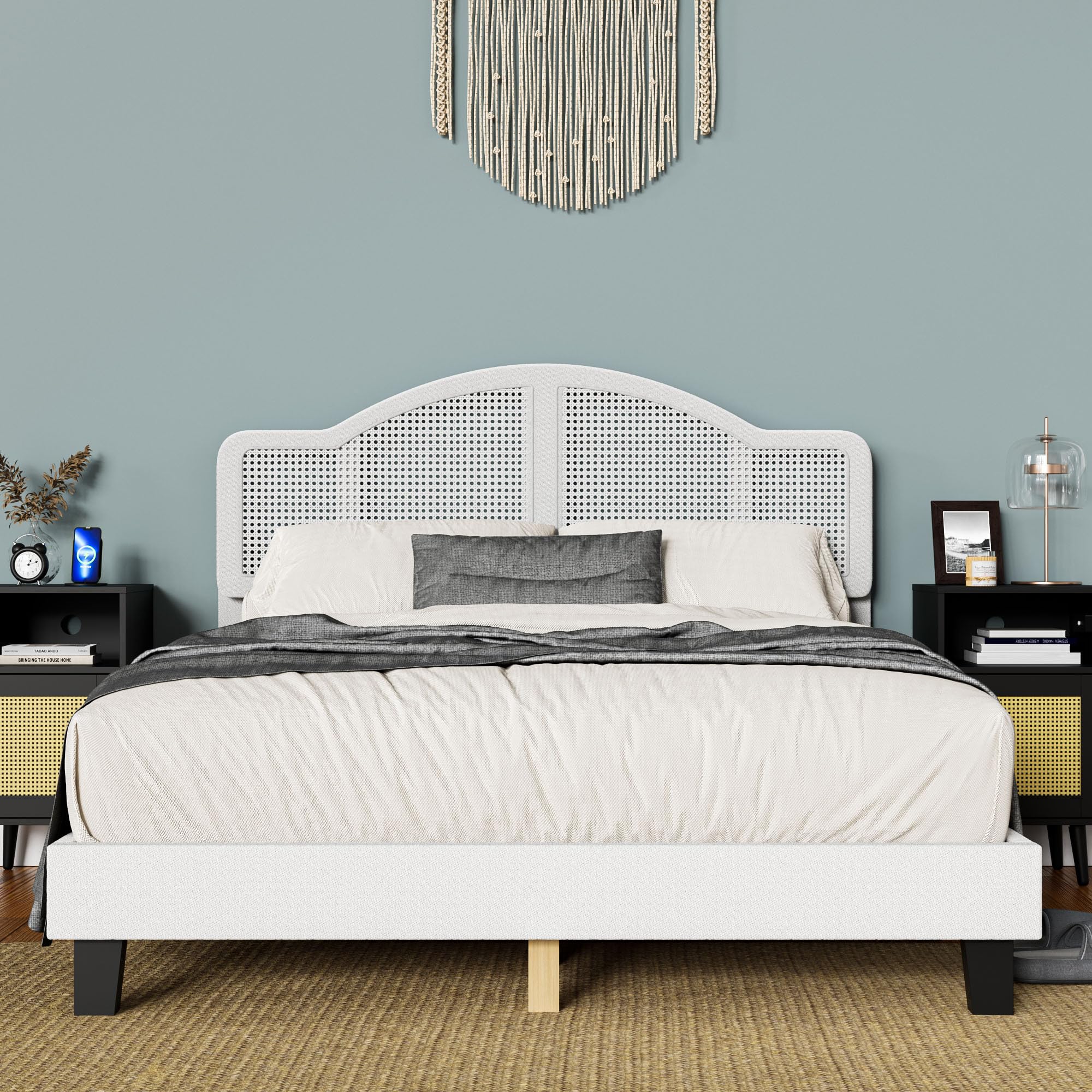 Cozy Castle Rattan Queen Size Bed Frame with Adjustable Headboard and Sturdy Slats Support, Boho Queen Platform Bed Frame, No Box Spring Needed, White