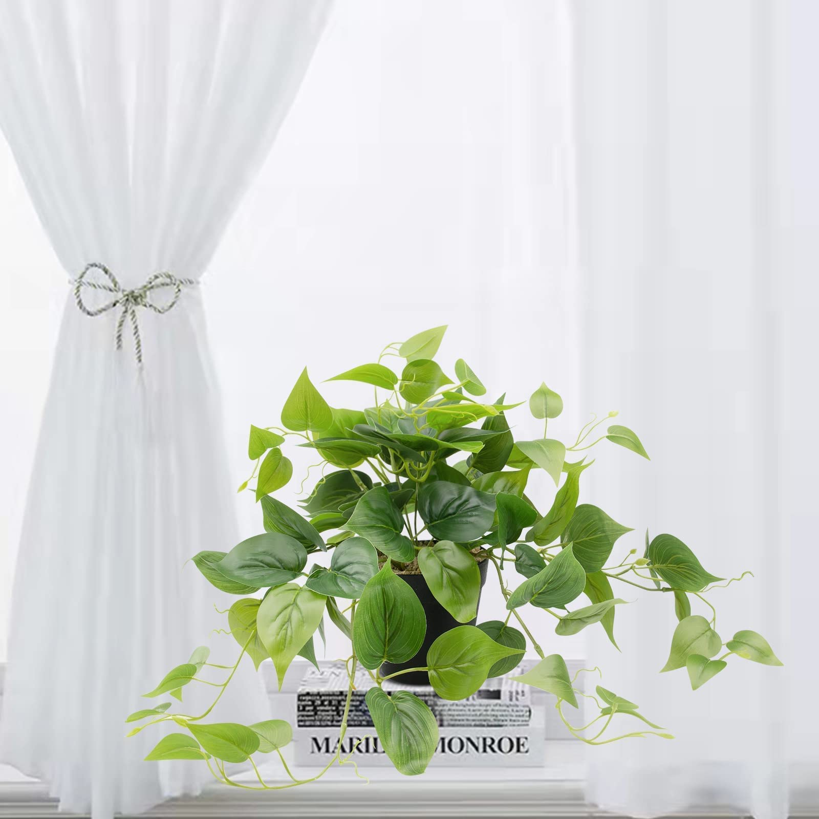 LOYWREE Artificial Plants in Pots, Faux Pothos Indoor Green Realistic Fake Plant for Home Office Garden Decoration - Black Pot
