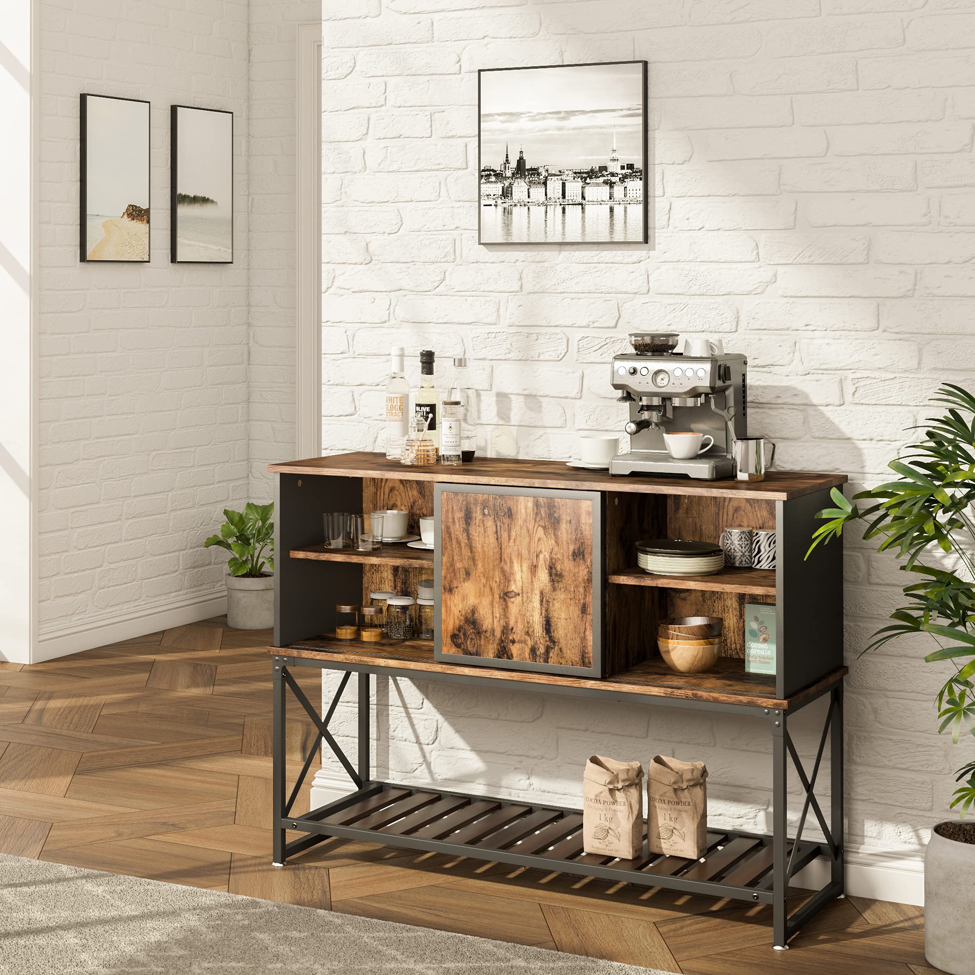 Bestier Industrial Bar Cabinet Coffee Bar Buffet Cabinet with Storage Wood Coffee Bar Cabinet with Adjustable Shelf Inside Buffet Sideboard Kitchen Storage Cabinet with Sliding Metal Door