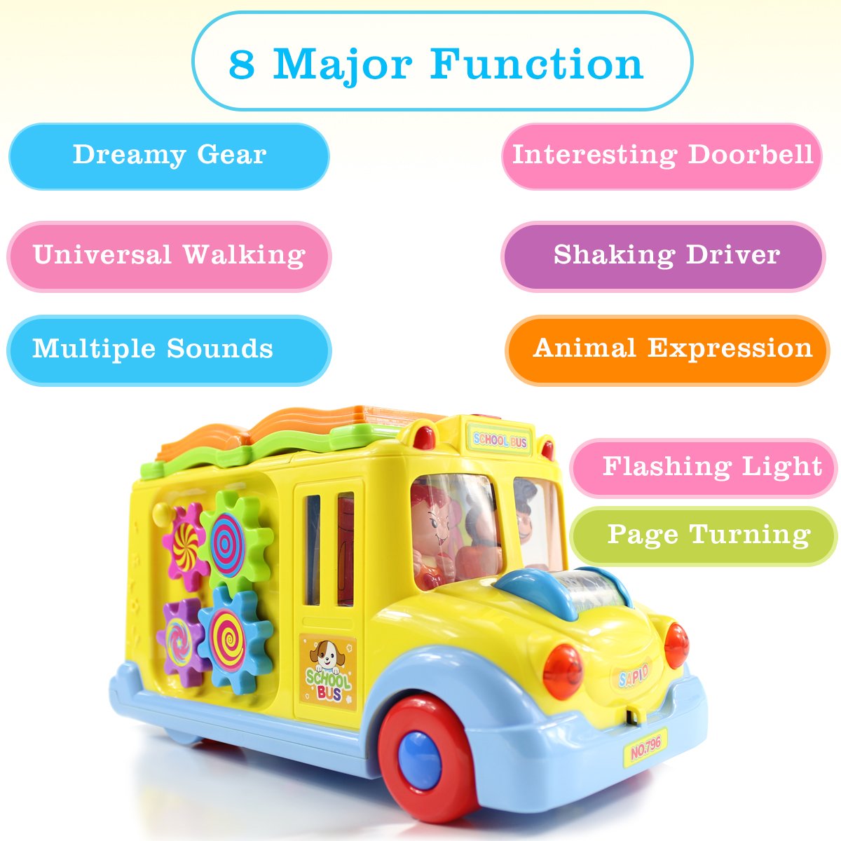 fisca Intellectual Musical School Bus, Learning Educational Toys for Baby & Toddler, Electronic Car with Lights for 1 2 3 Year Old Boys and Girls