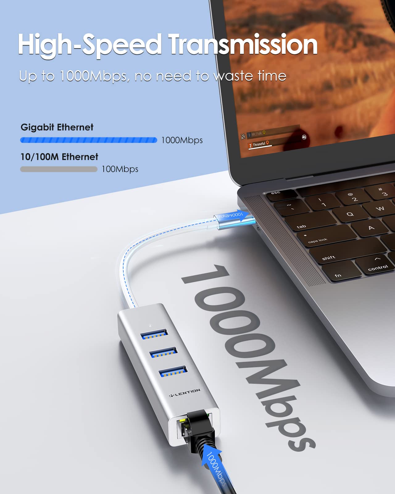 LENTION USB C Hub Ethernet Adapter, 3 USB 3.0 Ports, RJ45 Network Connector for 2023-2016 MacBook Pro, New Mac Air/iPad Pro, Chromebook, More, Stable Driver Certified (CB-C23s, Silver)