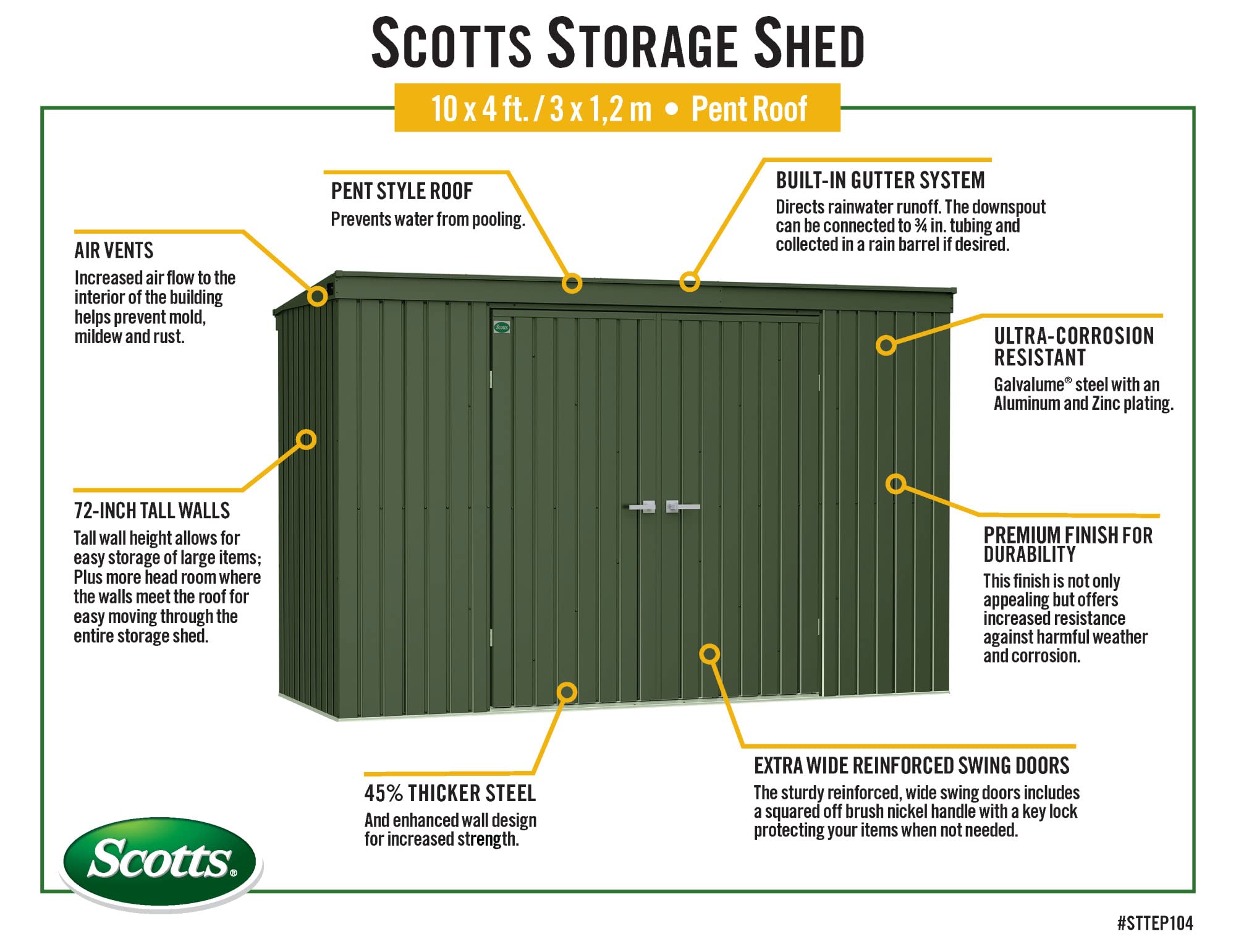Scotts 10' x 4' Garden Storage Shed Outdoor Lockable Water-Resistant Steel Building with Tool Hanger and Pent Roof, Green