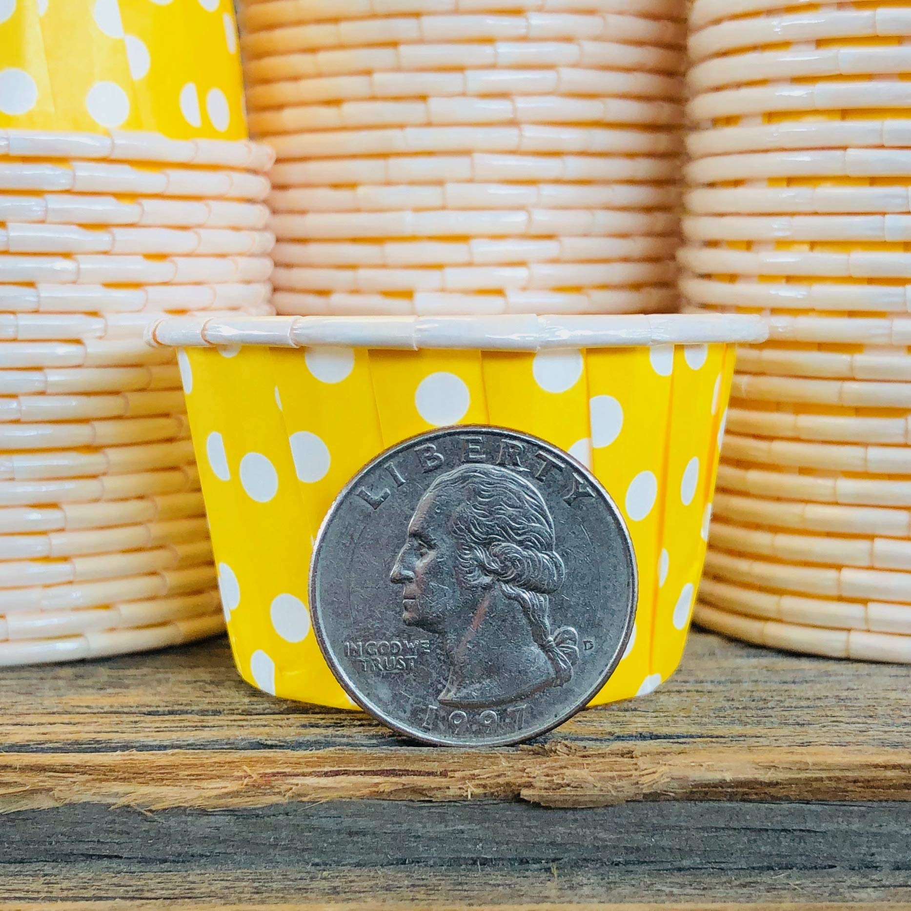 Bulk MINI Candy Nut Paper Cups - Mini Baking Liners - Yellow White Polka Dot - 100 Pack