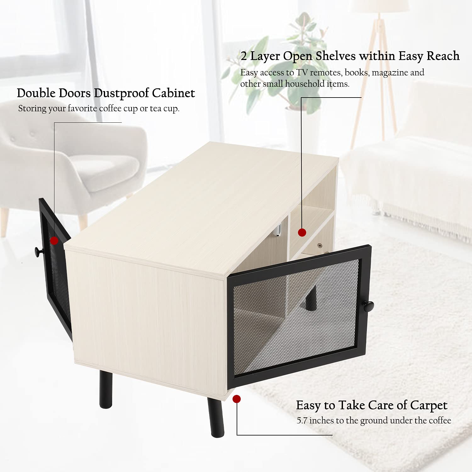 LTMEUTY Coffee Table for Living Room, Mid-Century Modern Coffee Table with Double Mesh Doors & Open Storage Shelves, Wood and Metal Cocktail Table, Accent Furniture, White Wood Grain