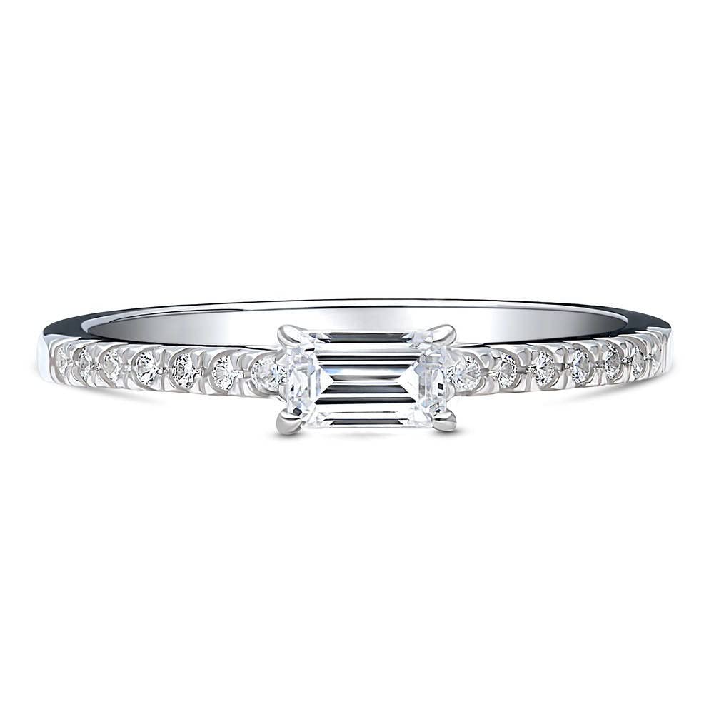 BERRICLE Sterling Silver Solitaire Wedding Engagement Rings 0.3 Carat Emerald Cut Cubic Zirconia CZ East-West Promise Ring for Women, Rhodium Plated Size 4