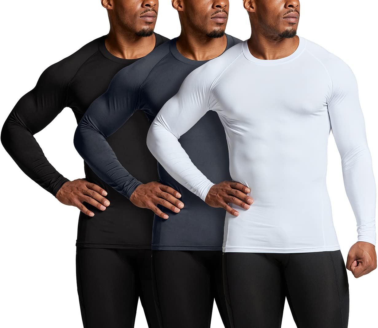 ATHLIO Men's Thermal Long Sleeve Compression Shirts, Winter Gear Sports Base Layer Top, Athletic Running T-Shirt, Active Top 3pack Black/Charcoal/White, Small