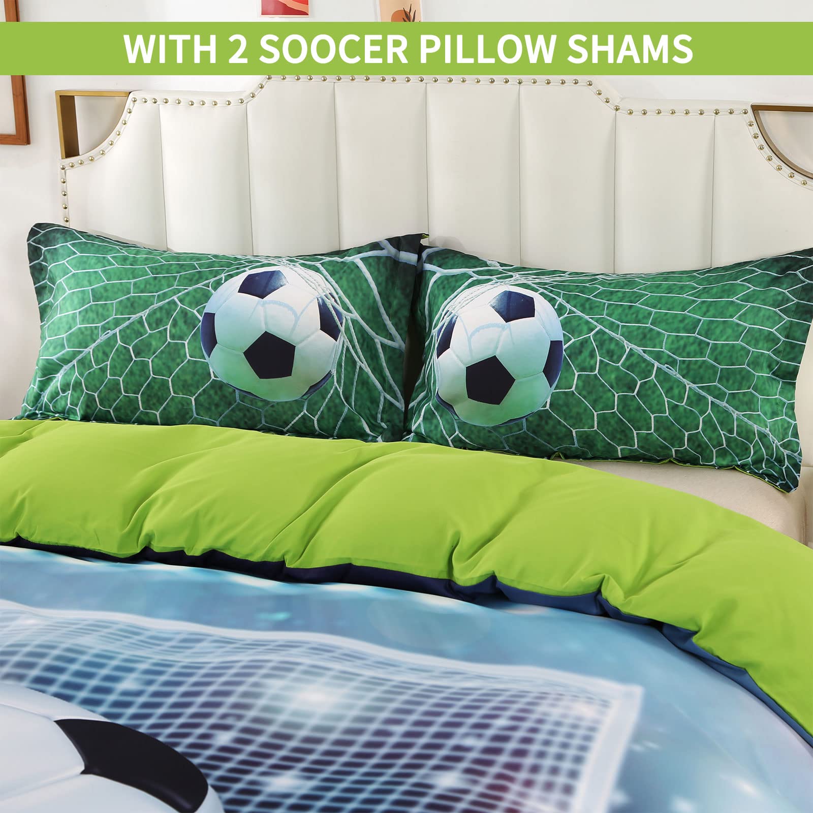 ENJOHOS Green Kids Duvet Cover Queen, 3 Piece 3D Soccer Bedding for All Season, Sports Theme Microfiber Comforter Cover Set with 2 Pillowcase(No Comforter No Fitted Sheet)